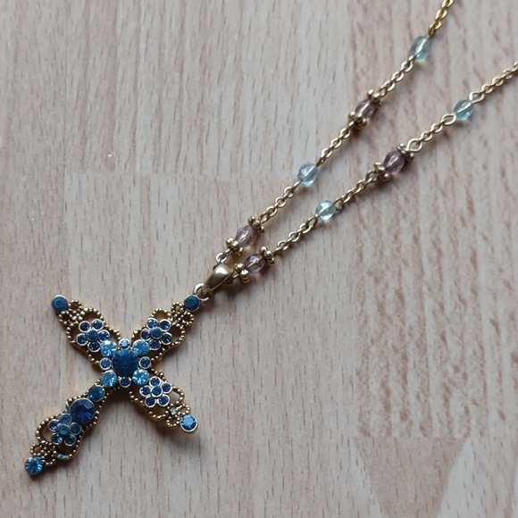 Jewelry | Shades Of Blue Rhinestone Crystal Cross Necklace Beaded ...